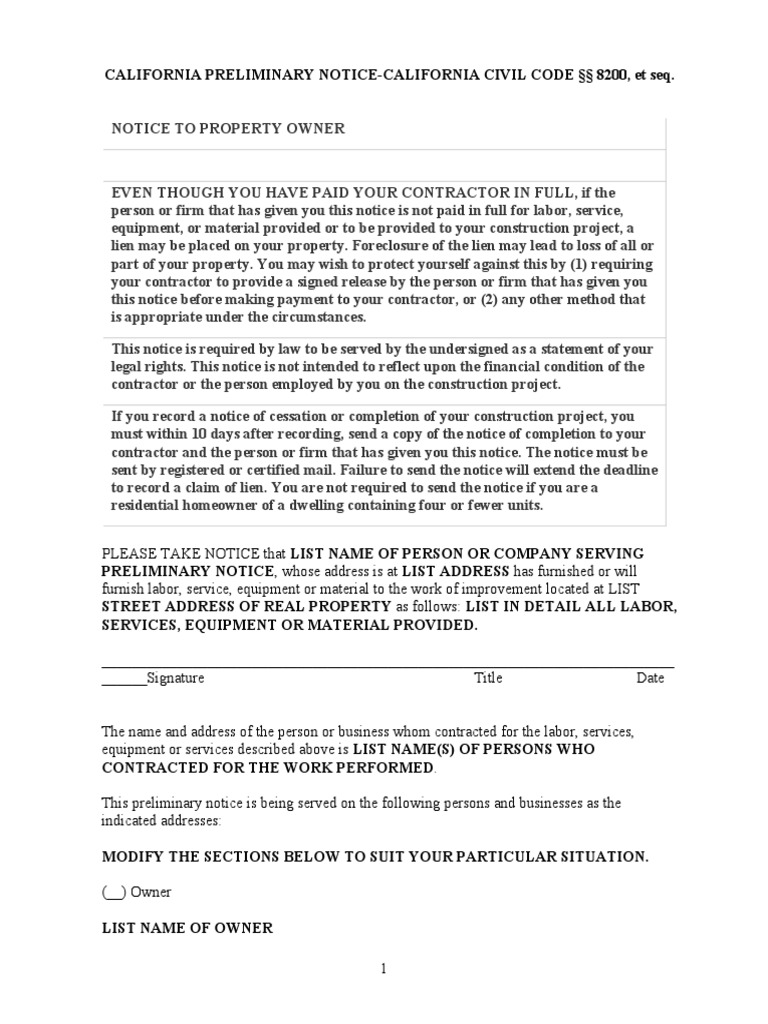 California Preliminary Notice Template | PDF | Common Law | Private Law