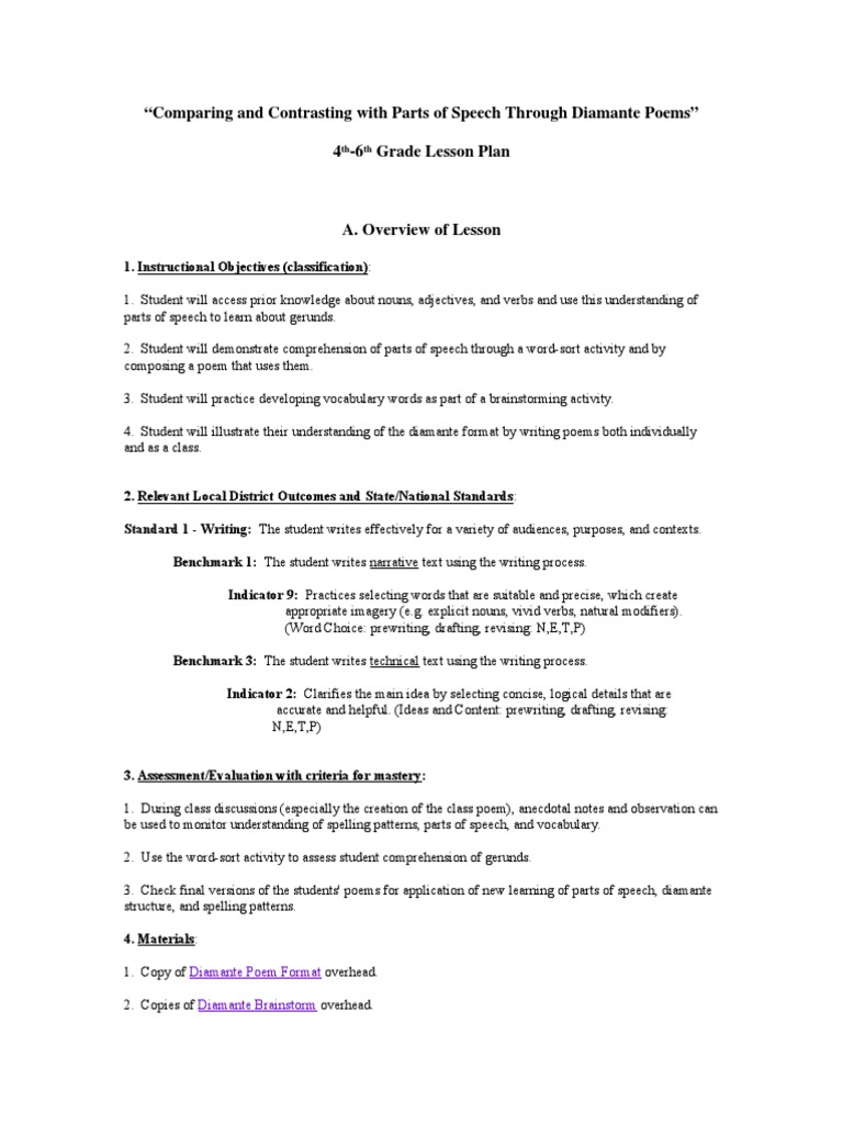 Compare and Contrast Using Parts of Speech With Diamante Poems | PDF ...