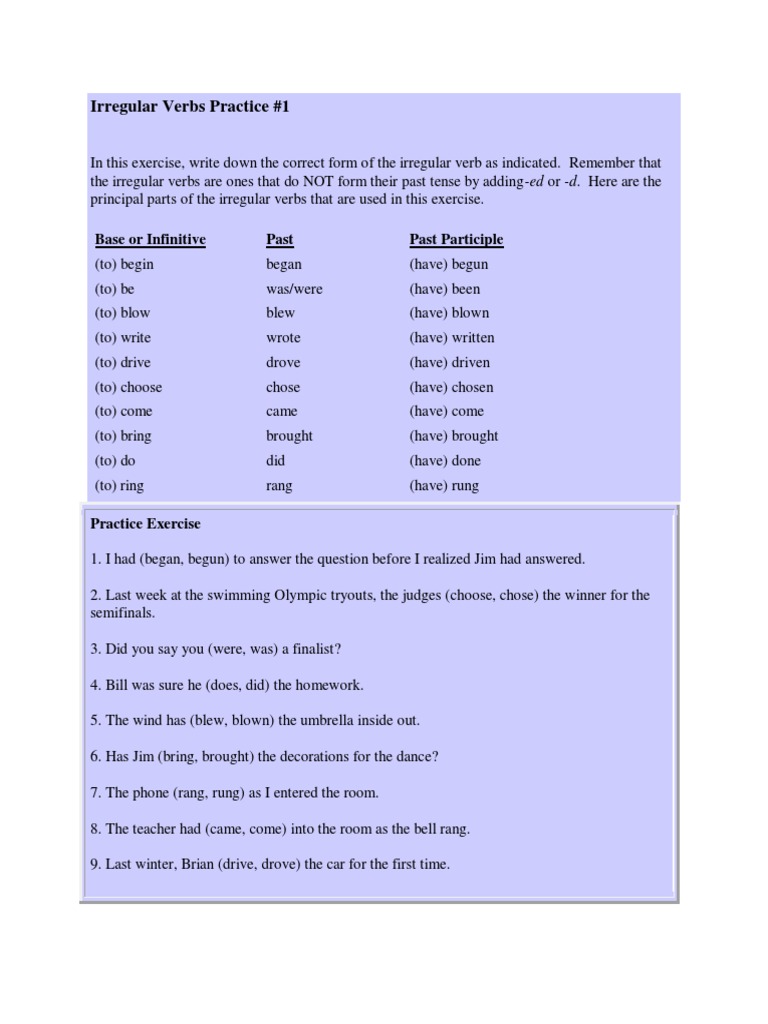 Irregular Verbs Practice | PDF