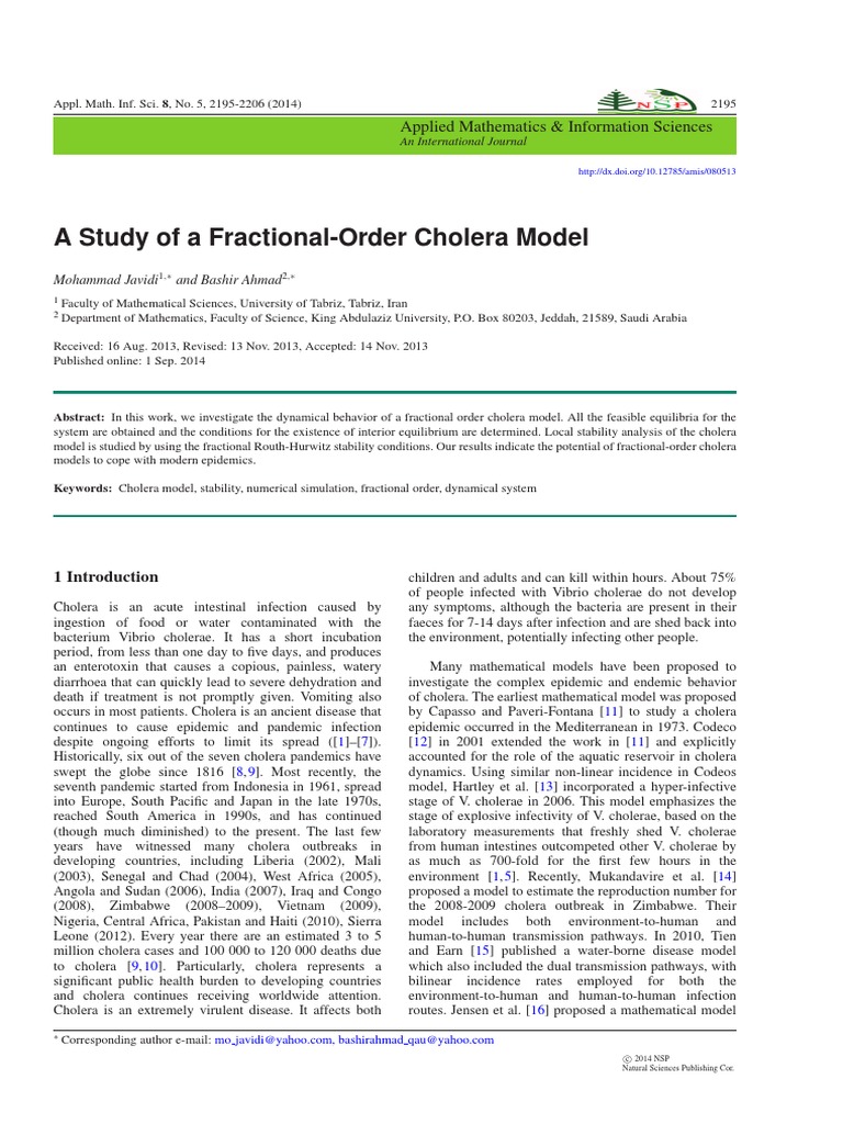 A Study of A Fractional-Order Cholera Model: Applied Mathematics ...