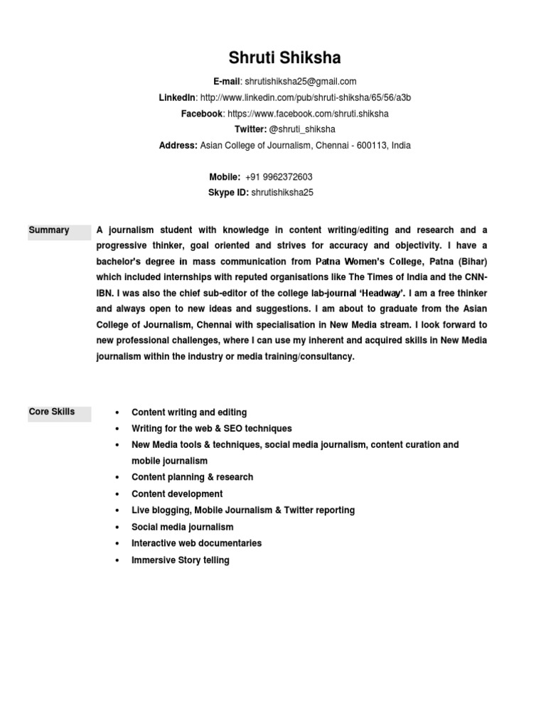 Shruti Shiksha CV, Asian College of Journalism | PDF | Mass Media | New Media