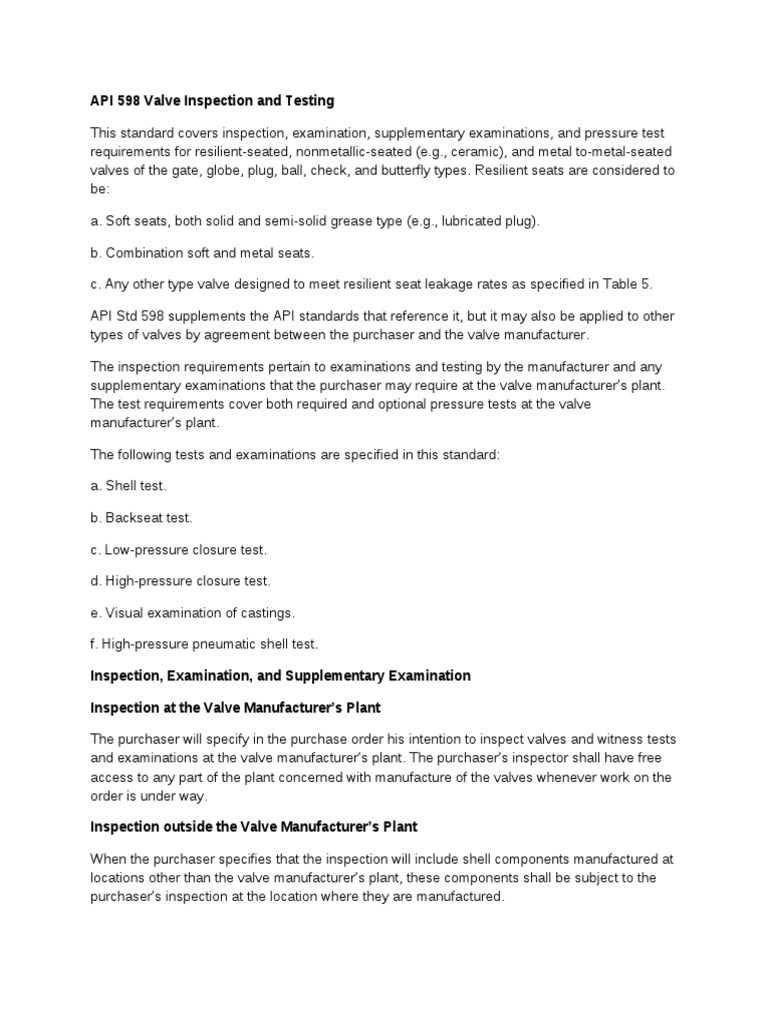 API 598 Valve Inspection and Testing | Download Free PDF | Valve | Gas ...