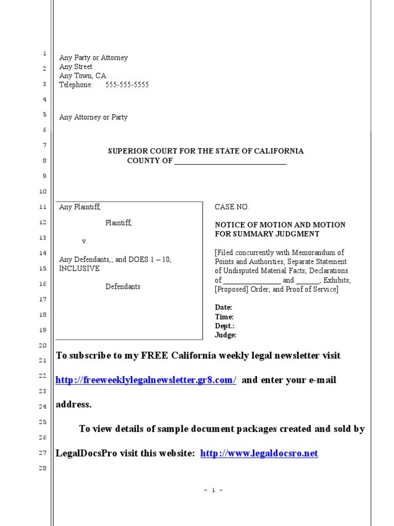 Sample Motion For Summary Judgment by Defendant in California | PDF ...