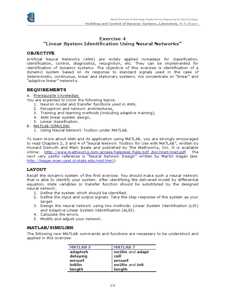 Exercise 4 "Linear System Identification Using Neural Networks" Objective | PDF | Artificial ...