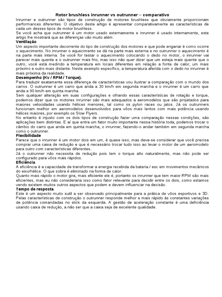 Rotor Brushless Inrunner Vs Outrunner | PDF | Hélice | Motores