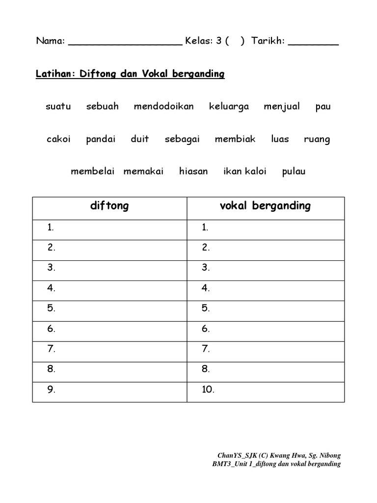 BMT3 - Unit 1 Diftong Dan Vokal Berganding | PDF