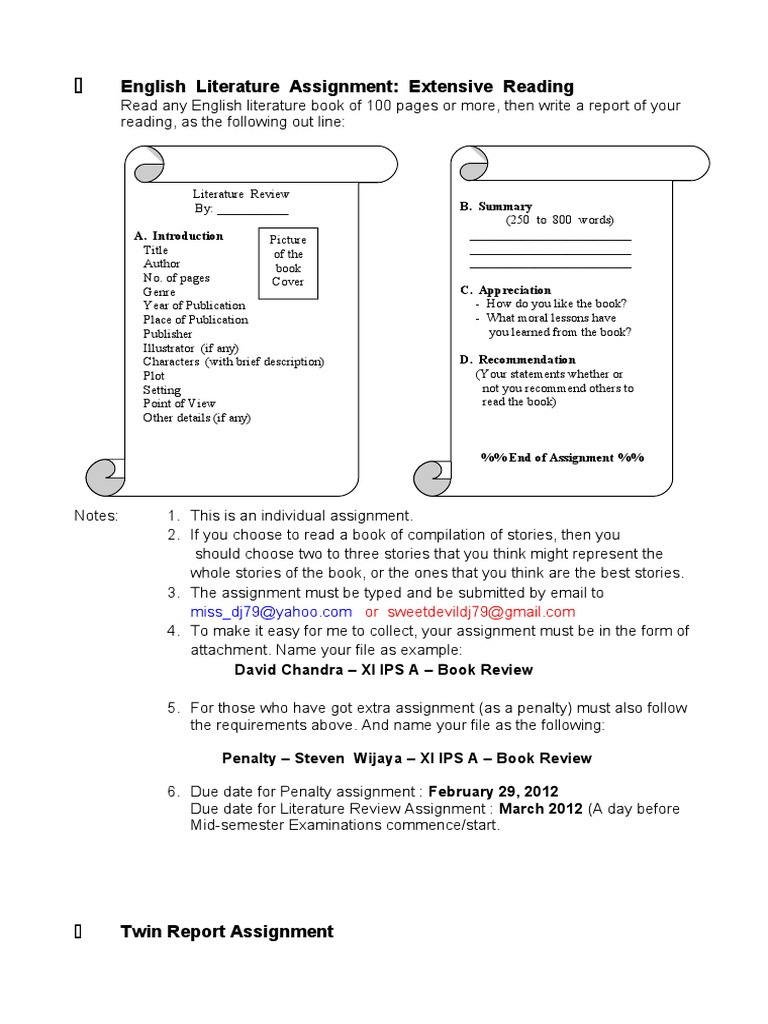 English Literature Assignment: Extensive Reading: B. Summary | PDF ...