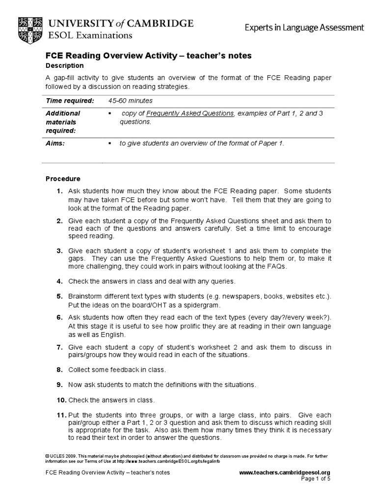 FCE Reading Overview Activity - Teacher's Notes: Time Required ...