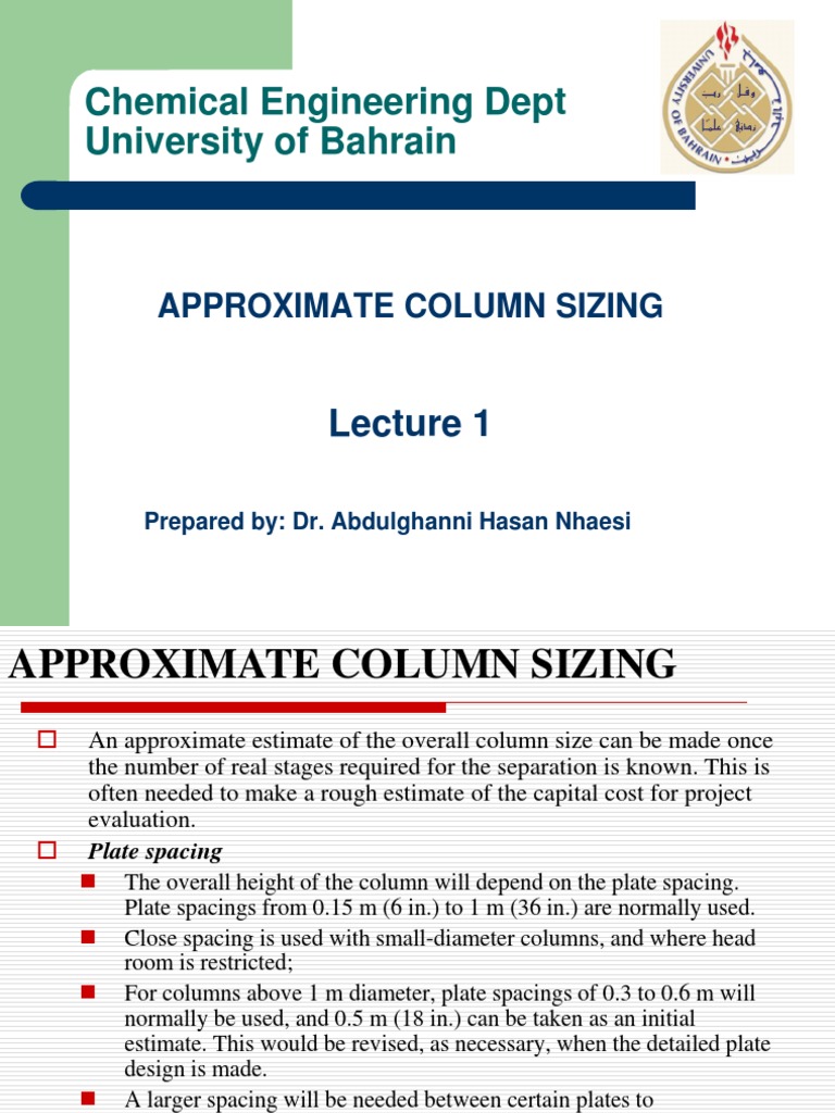 Chemical Engineering Dept University of Bahrain: Approximate Column ...