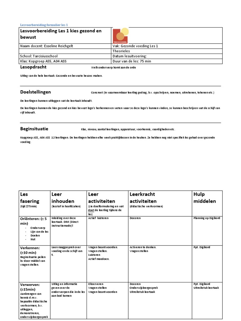 Lesvoorbereiding Formulier Les 1 | PDF
