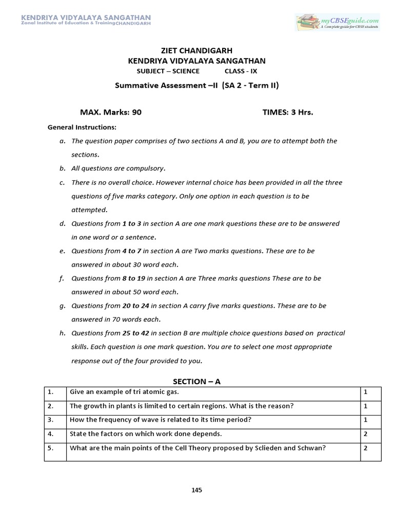 Ziet Chandigarh Kendriya Vidyalaya Sangathan Summative Assessment - II ...