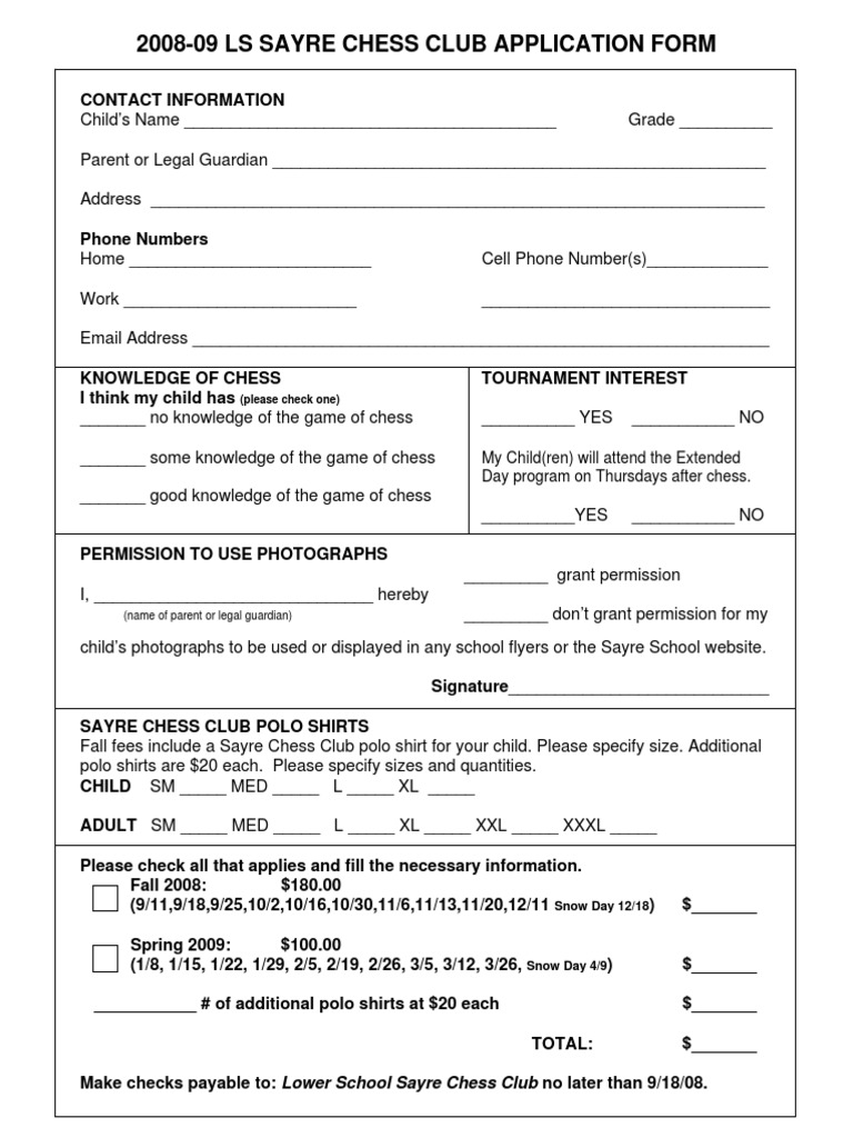 08-09 Sayre Chess Club Application Form | PDF | Career & Growth