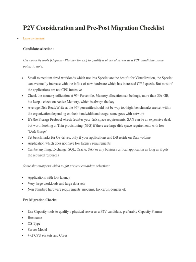 P2V Migration Checklist and Considerations | PDF | V Mware | Office Equipment