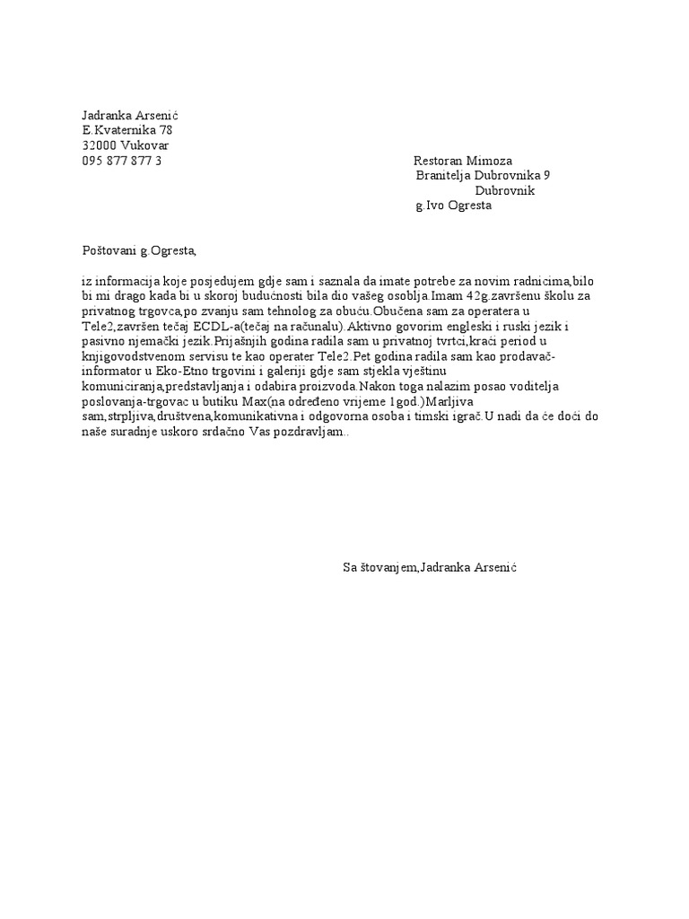 Zamolba Za Posao | PDF