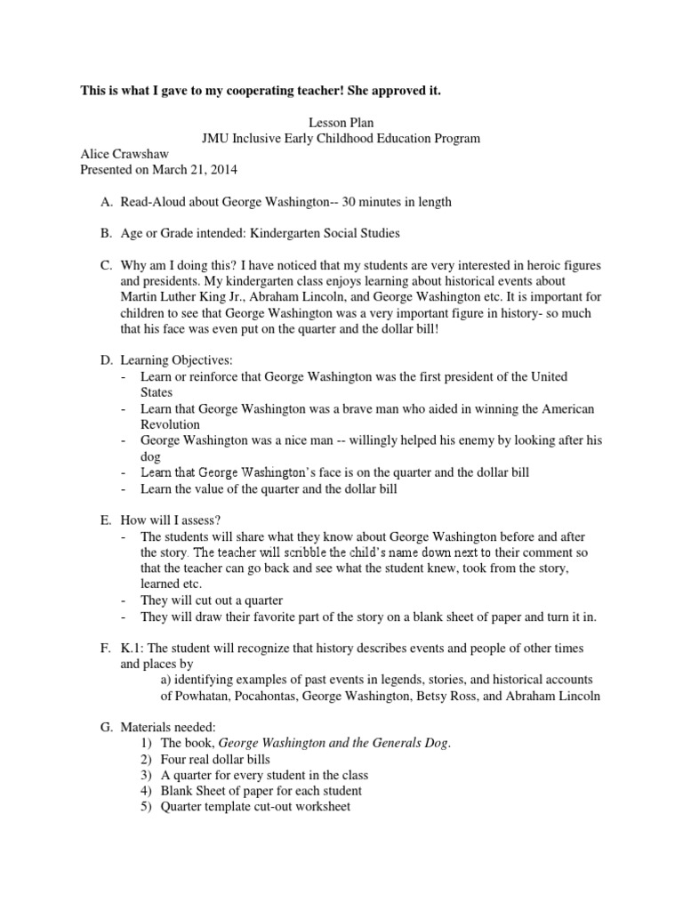 Read Aloud Lesson Plan Reflection | PDF | George Washington | Lesson Plan