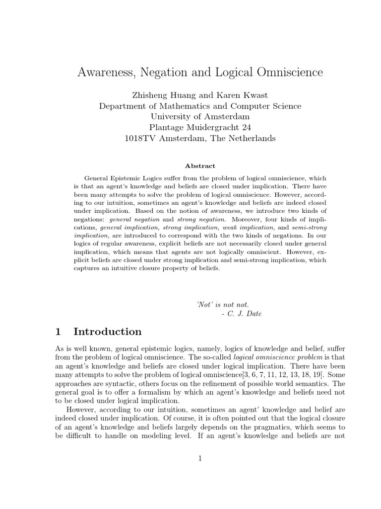 Awareness, Negation and Logical Omniscience | PDF | Logic | Modal Logic