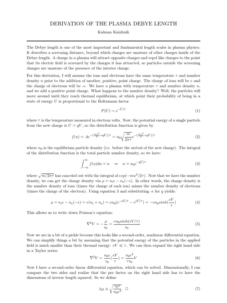 Derivation of Debye Length | PDF | Plasma (Physics) | Phases Of Matter