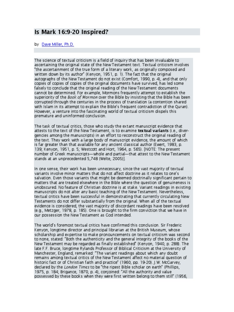 Mark 16 9 20 Is It Inspired PDF Textual Criticism New Testament