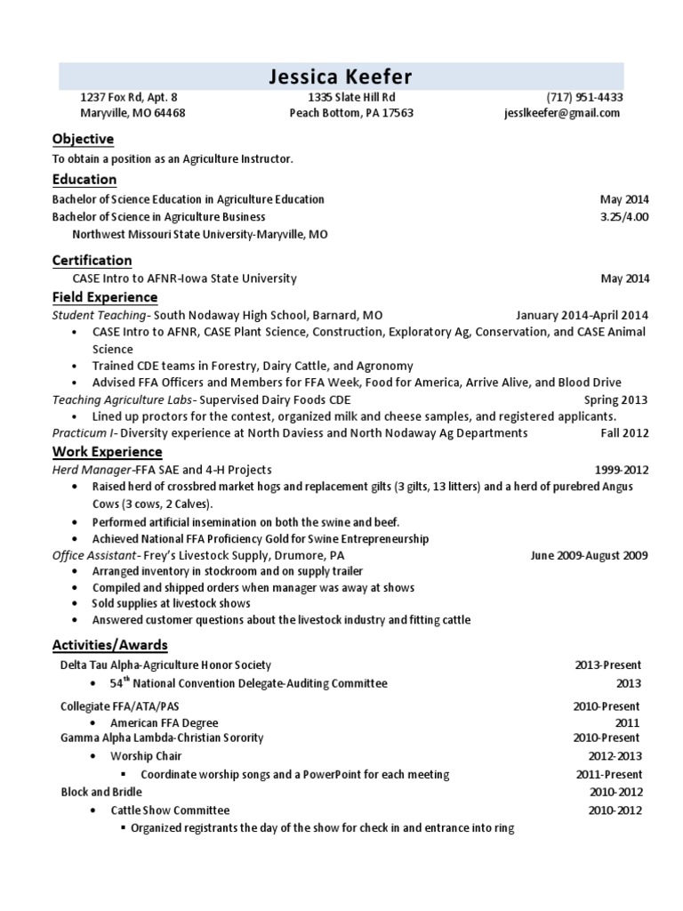 Agriculture Instructor Resume of Jessica Keefer | PDF | Cooking, Food ...