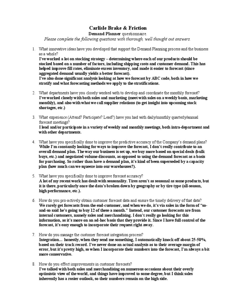 Demand Planner Questionnaire | PDF | Forecasting | Business