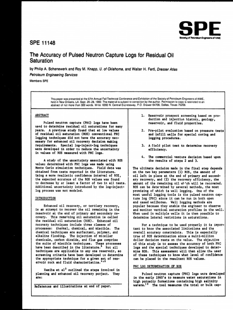 SPE 11148 The Accuracy of Pulsed Neutron Capture Logs For Residual Oil ...