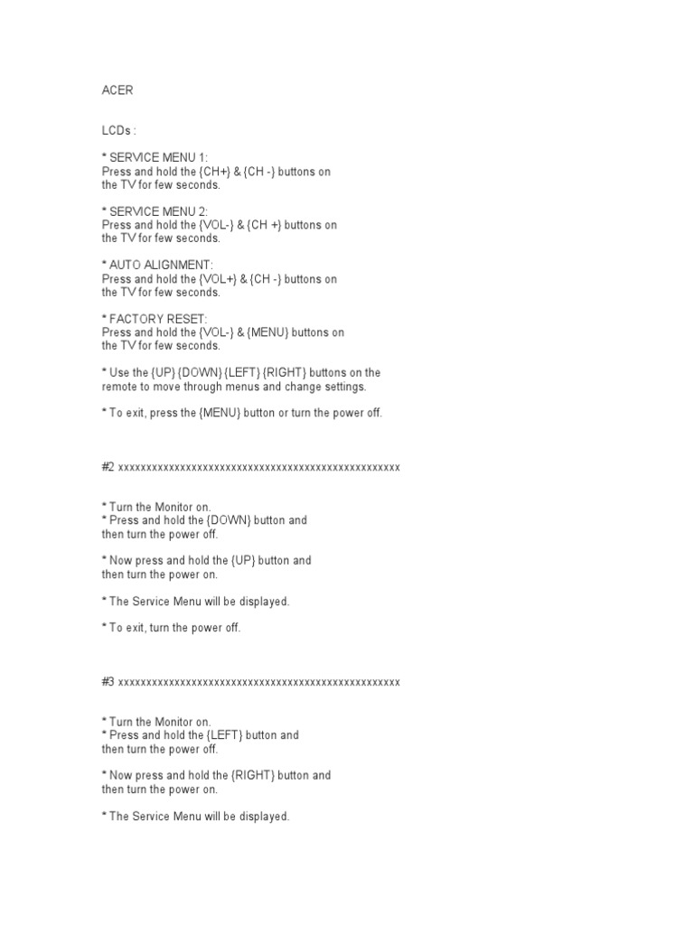 Acer TV Service Menu Instructions | PDF | Menu (Computing) | Computer ...