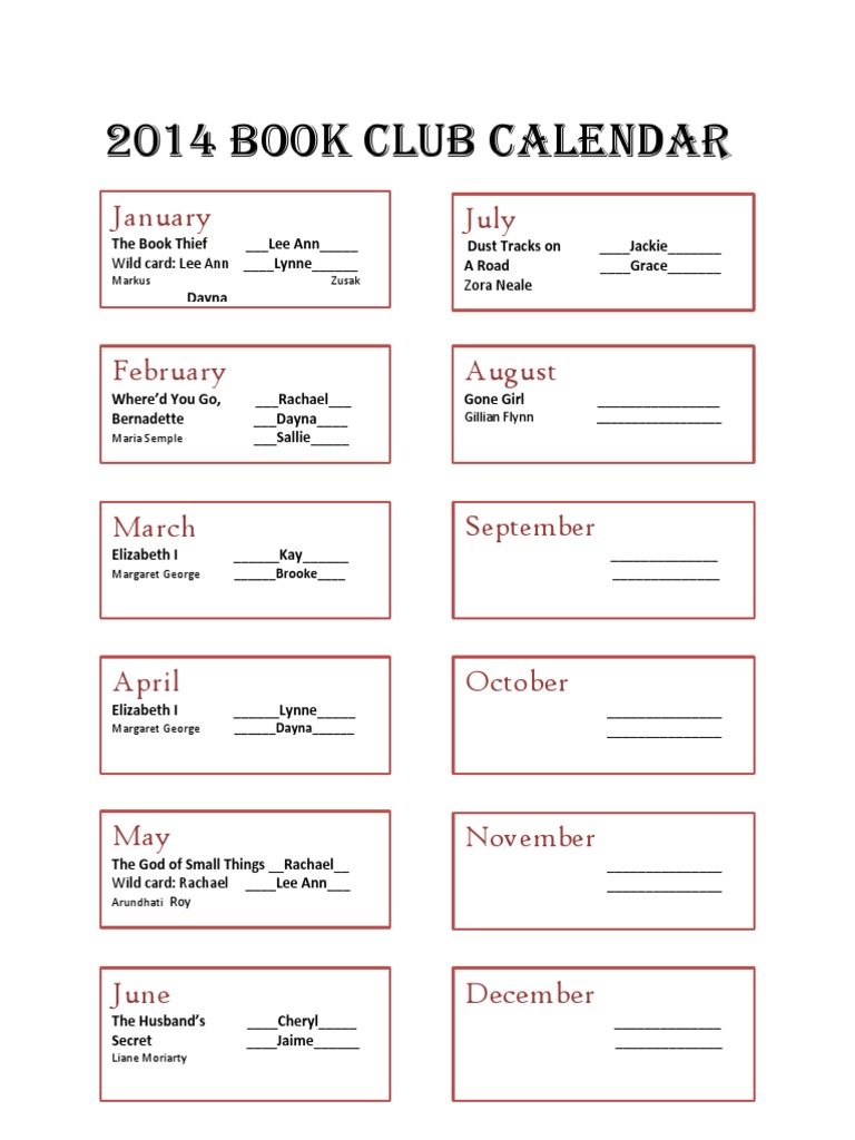 2014 Book Club Calendar: January July | PDF | Self-Improvement ...