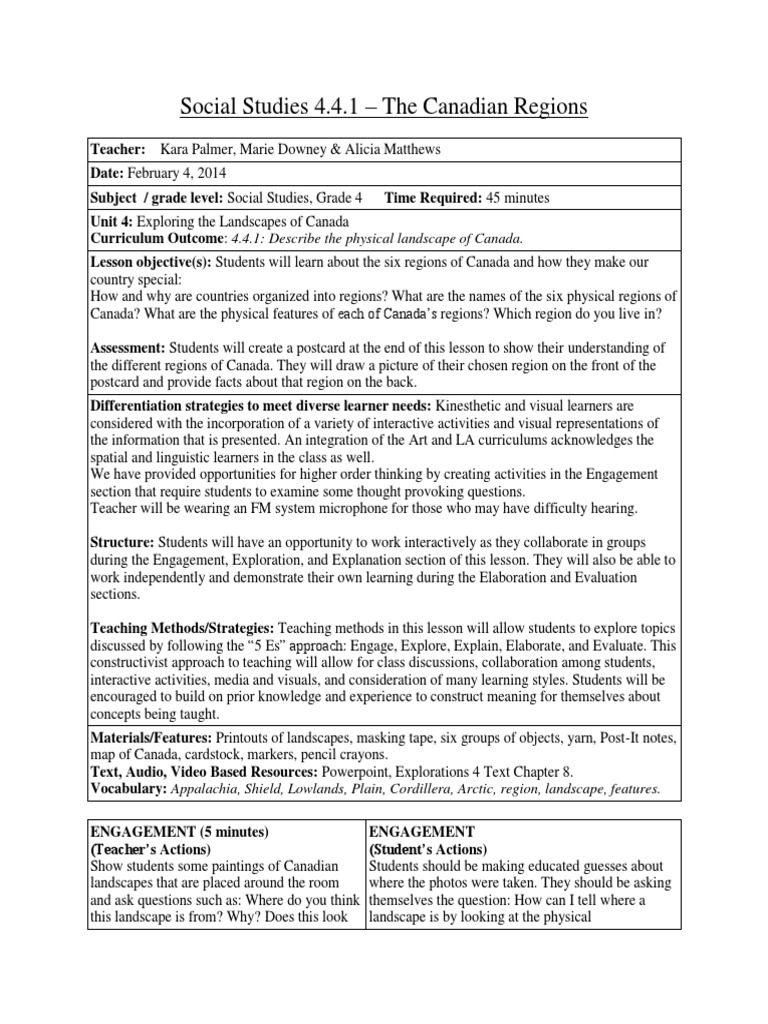 Social Studies Lesson Plan Canadian Regions | PDF | Teaching Method ...