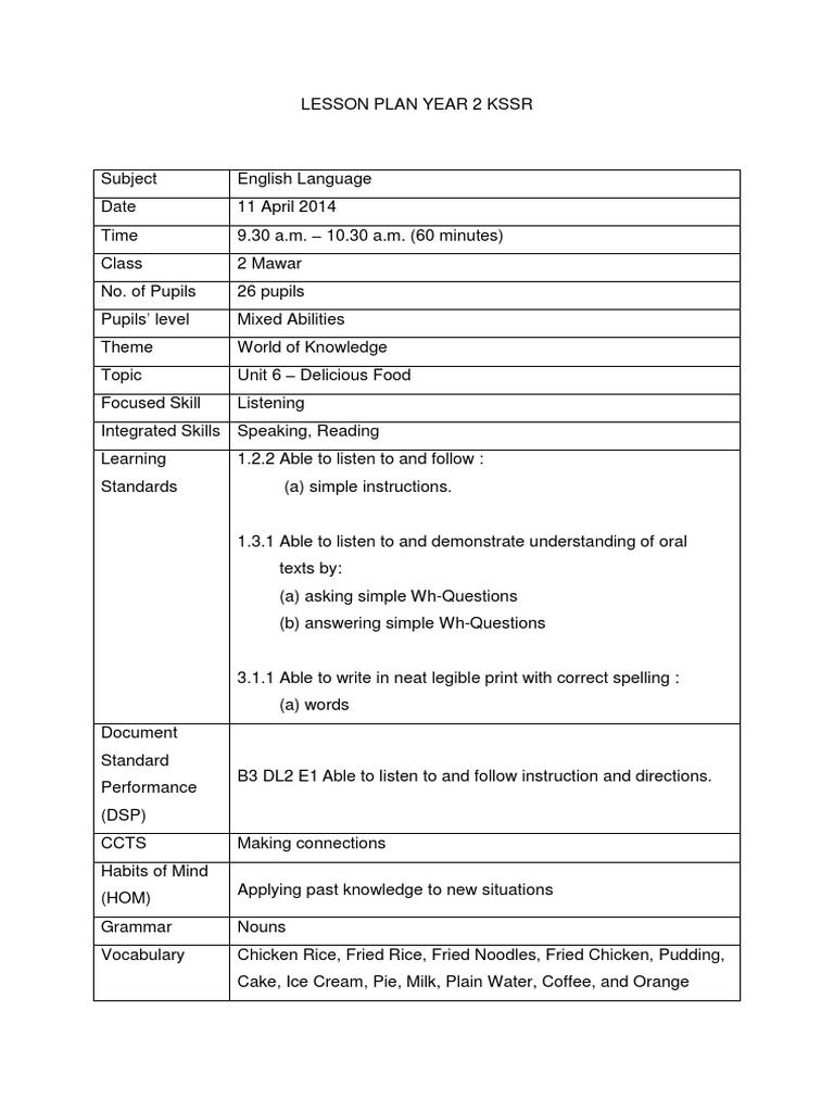 Lesson Plan Year 3 KSSR Question Lesson Plan
