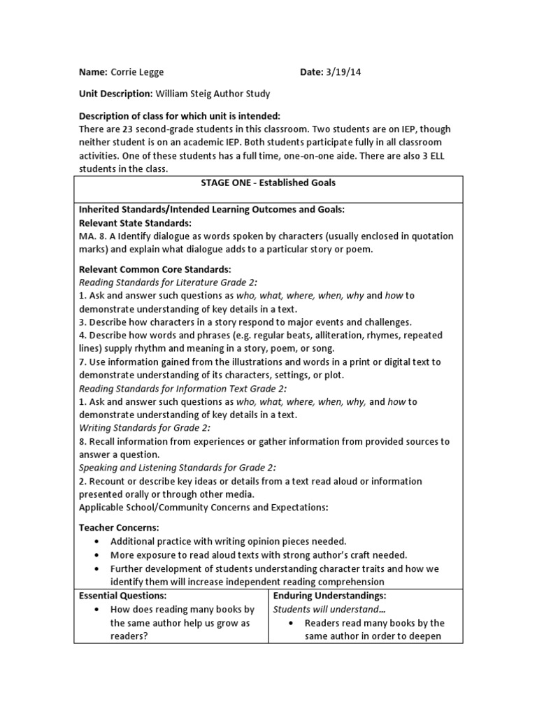 William Steig Author Study Unit Plan | PDF | Reading Comprehension ...