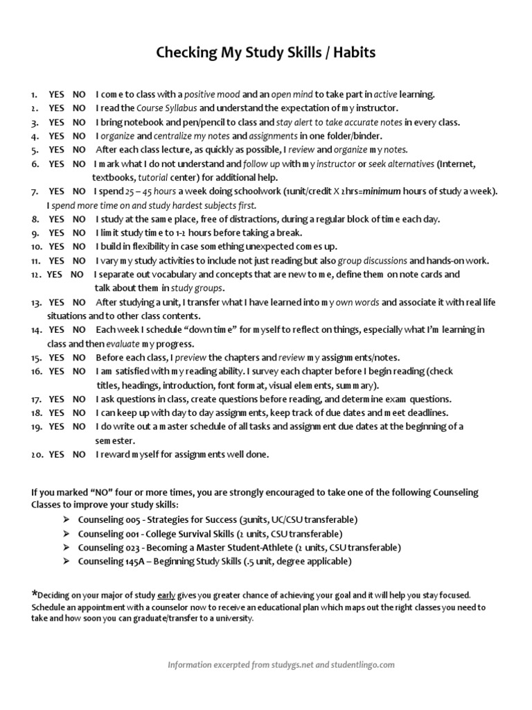 Study Skills Assessment Checklist | PDF | Study Skills | Academic Degree