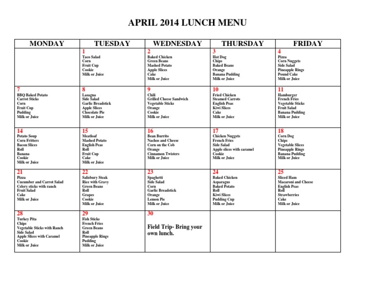 April Lunch Menu | PDF | Salad | Lunch