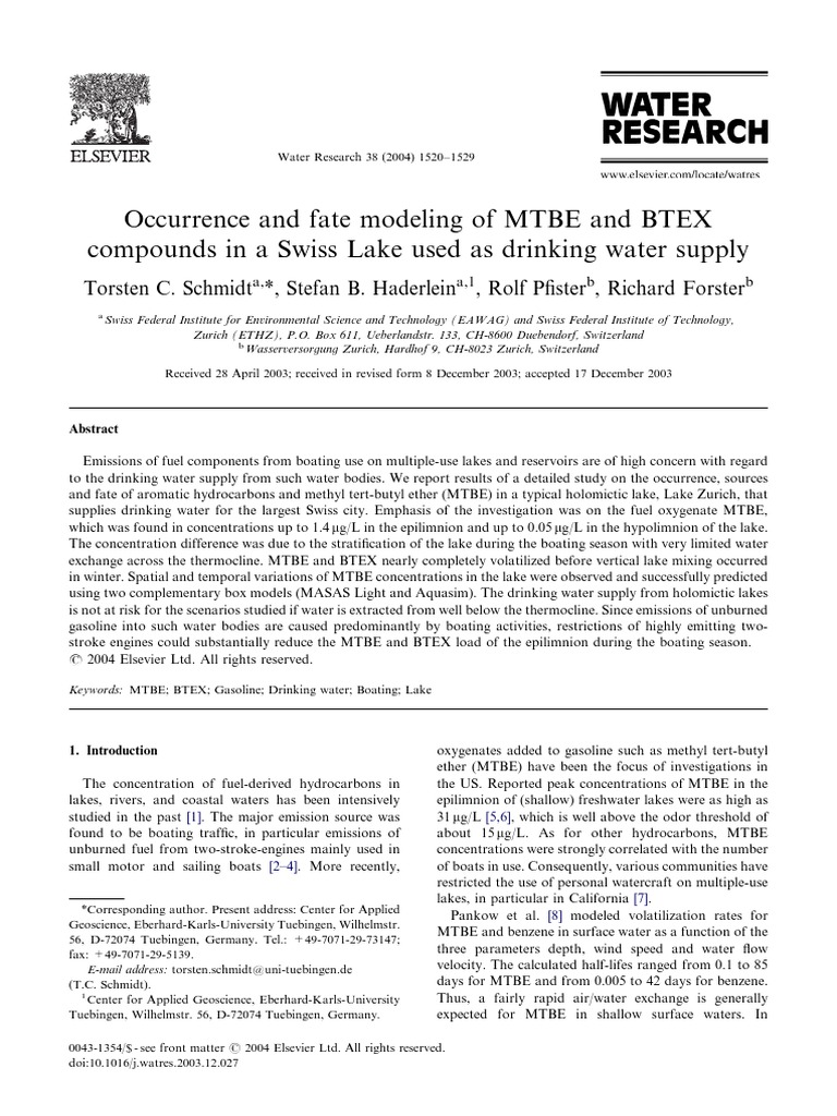 Occurrence and Fate Modeling of MTBE and BTEX Compounds in A Swiss Lake ...