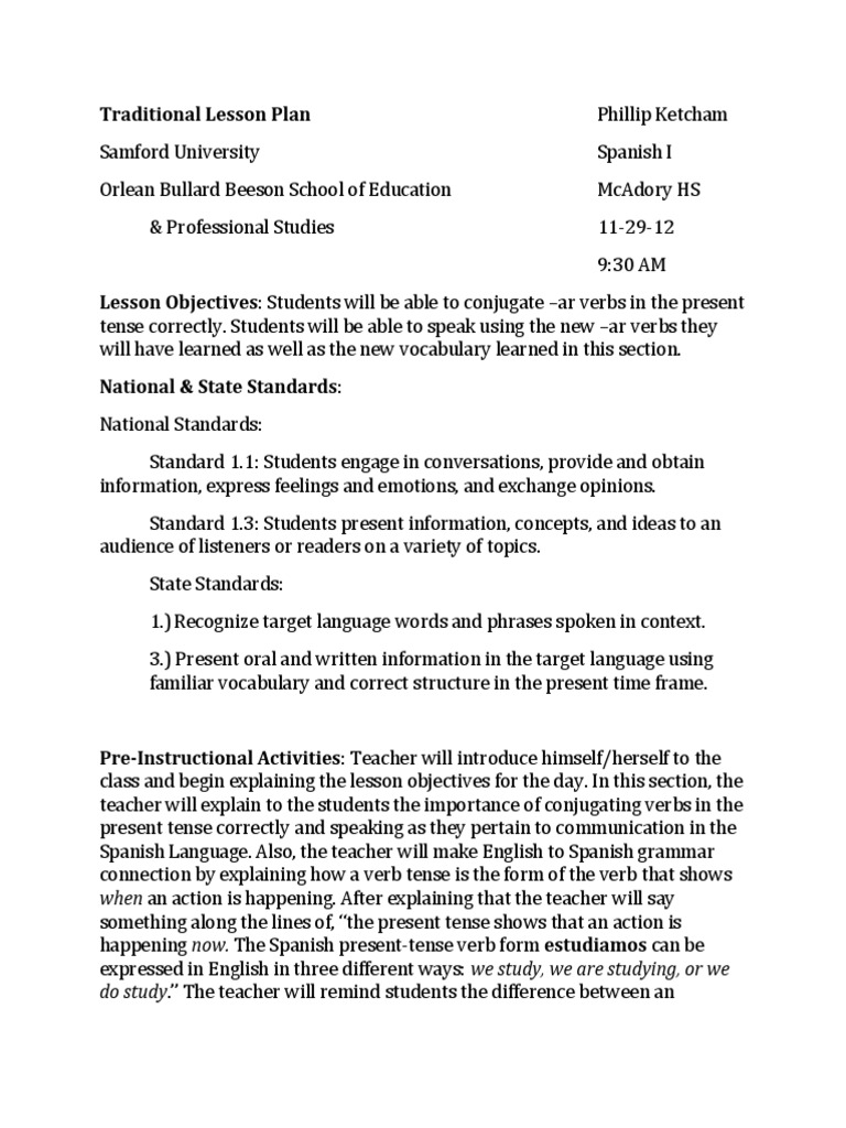Traditional Lesson Planphillip Ketcham | PDF | Grammatical Conjugation ...