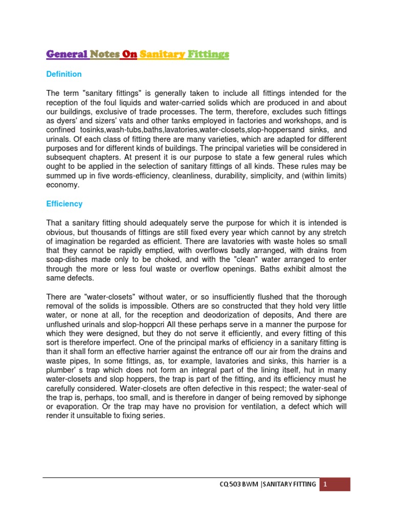 General Notes On Sanitary Fittings | PDF | Toilet | Tap (Valve)