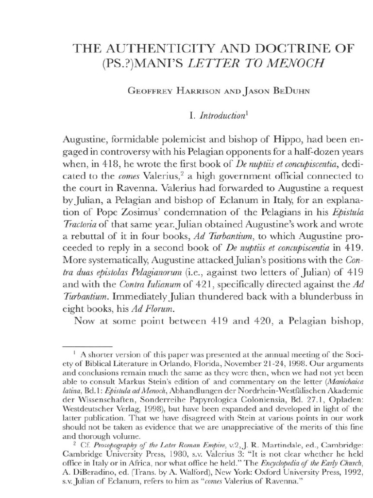 Authenticity of Mani's "Letter To Menoch" | PDF | Augustine Of Hippo | Evil