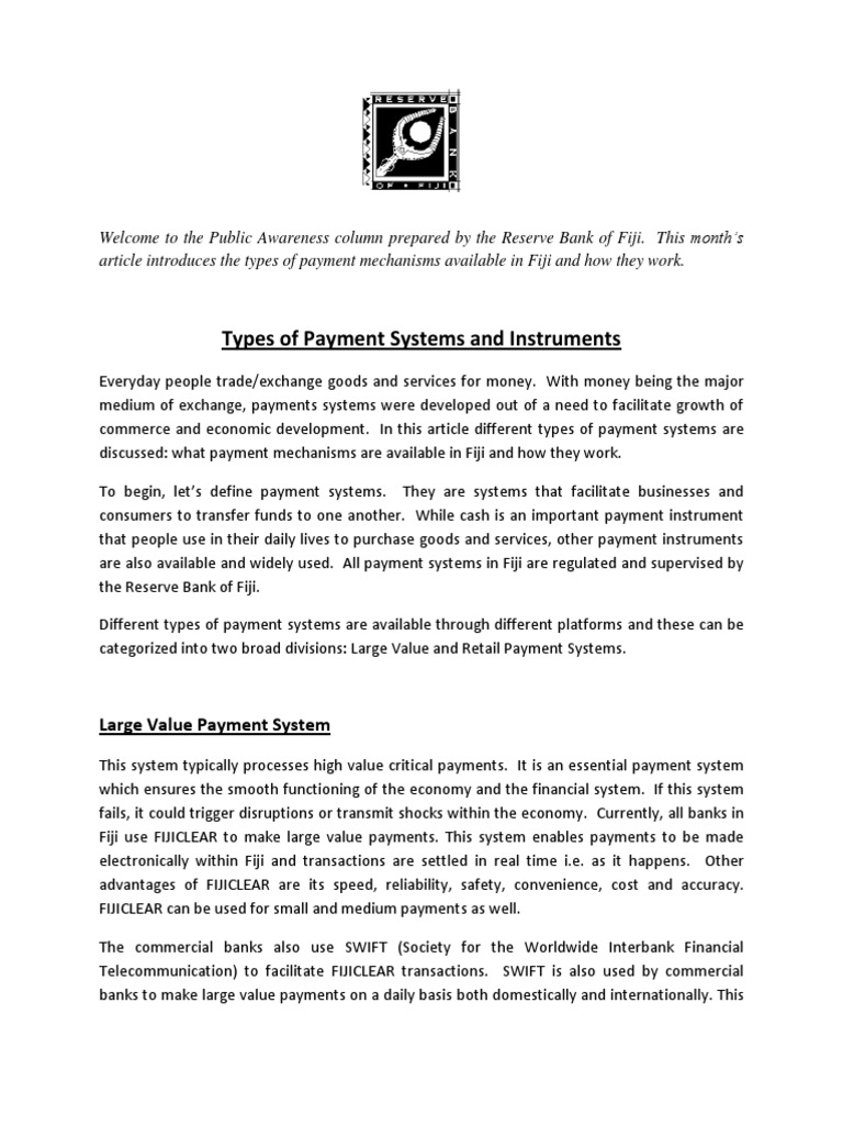 Types of Payment Systems and Instruments | PDF