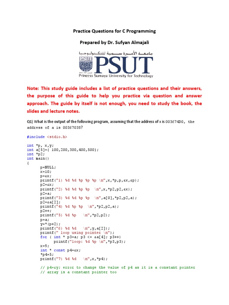 Practice Questions For C Programming Array Data Structure C Programming Language