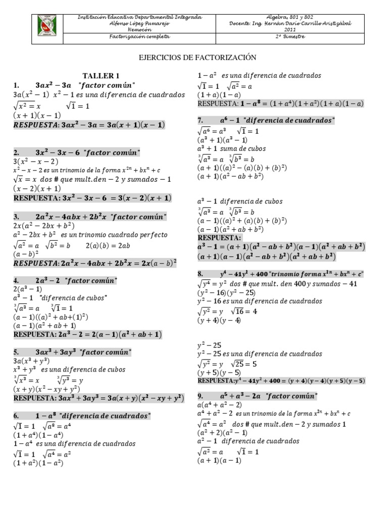 Ejercicios De Factorizacion Resueltos Pdf