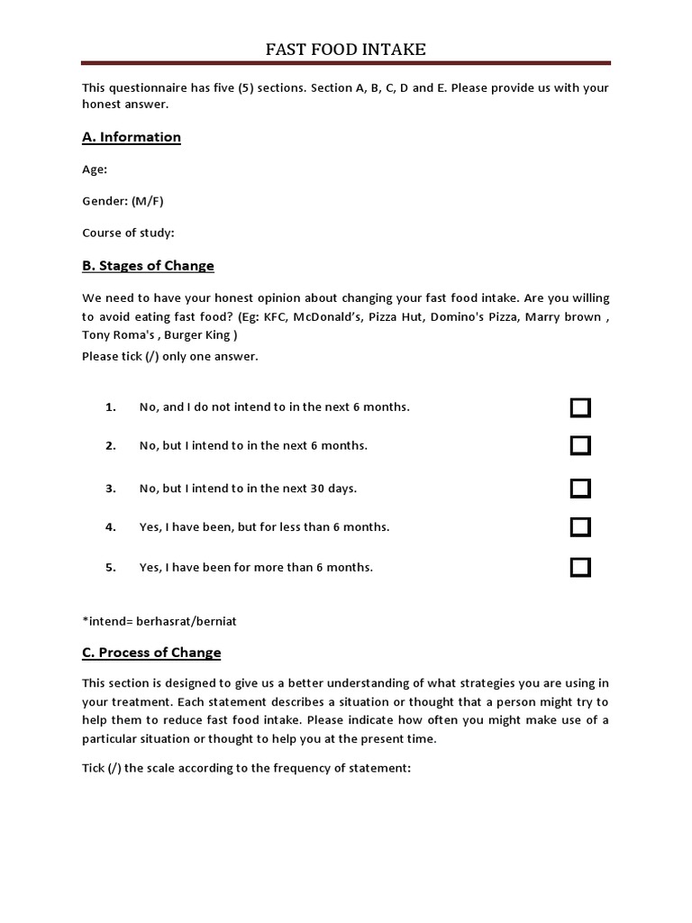 Questionnaire Based On Transtheoretical Model: Fast Food Intake | PDF ...