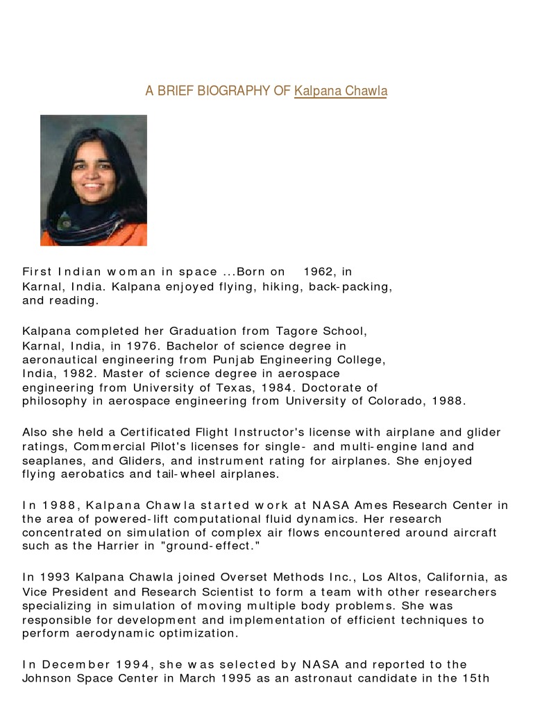 A Brief Biography of Kalpana Chawla | PDF