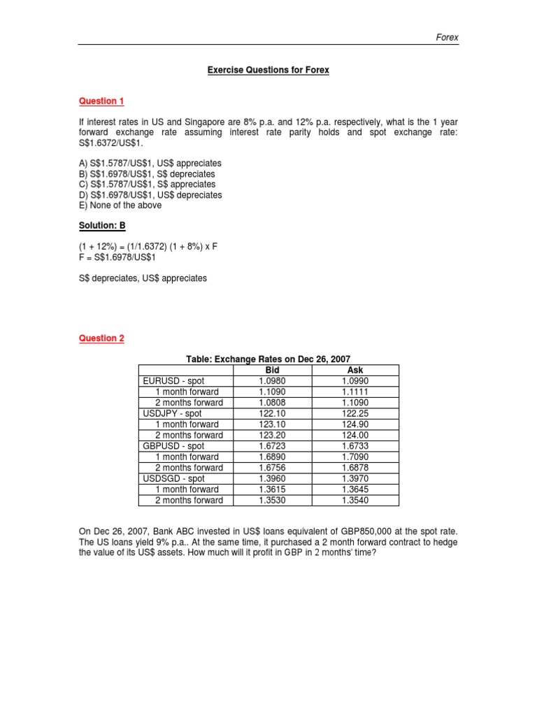 Forex Exercise Questions and Solutions on Forward Rates, Interest Rate ...