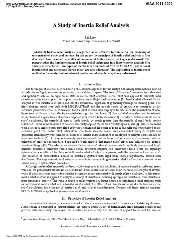 A Study of Inertia Relief Analysis | PDF | Deformation (Mechanics) | Inertia