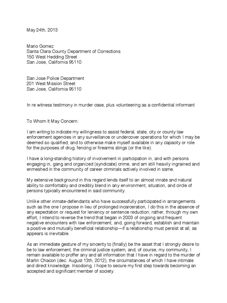 Letter Written On Behalf of Inmate Mario Gomez Re Murder of Martin ...