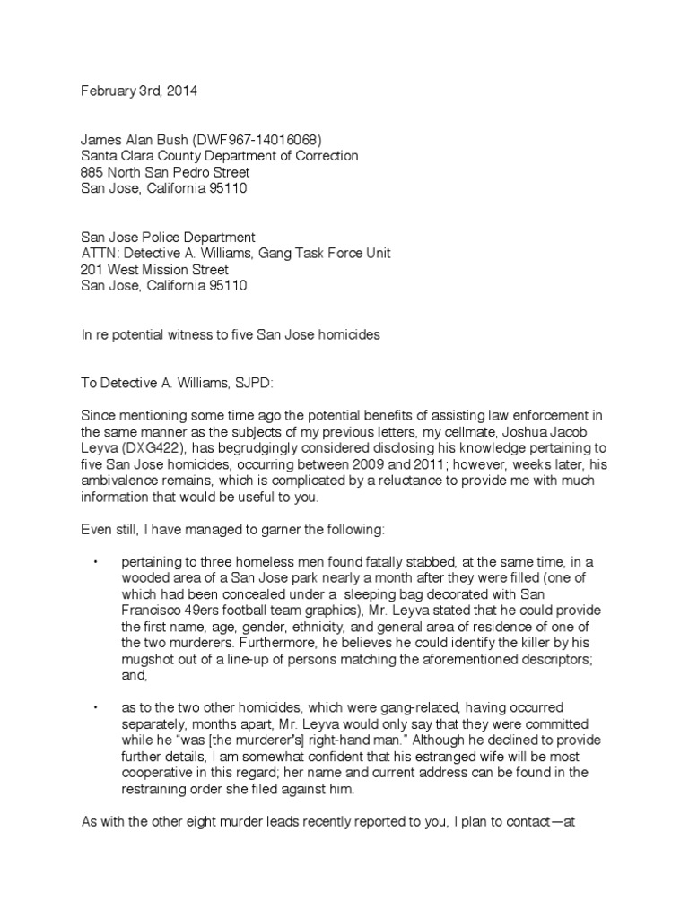 Letter Written To Police Re 5 Murders Witnessed by Joshua Jacob Leyva ...