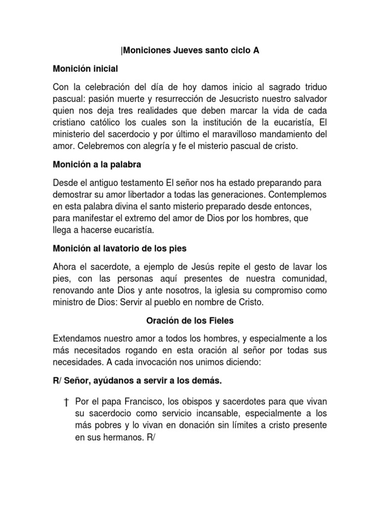 Moniciones Jueves Santo Ciclo A | PDF | eucaristía | Misa (liturgia)