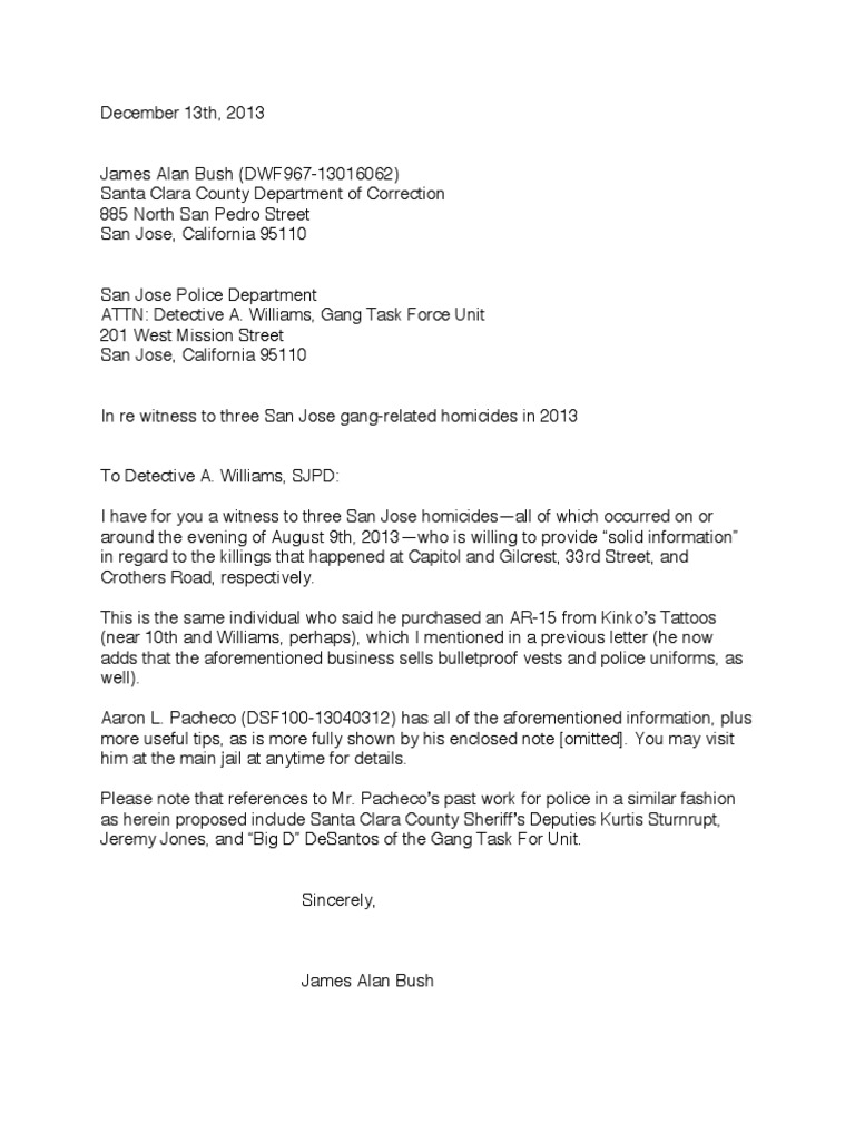 Letter To Police Re Aaron Pacheco, Witness To 3 Homicides | PDF