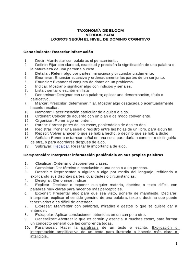 Verbos Dominio Cognitivo | Descargar gratis PDF | Palabra | Importar