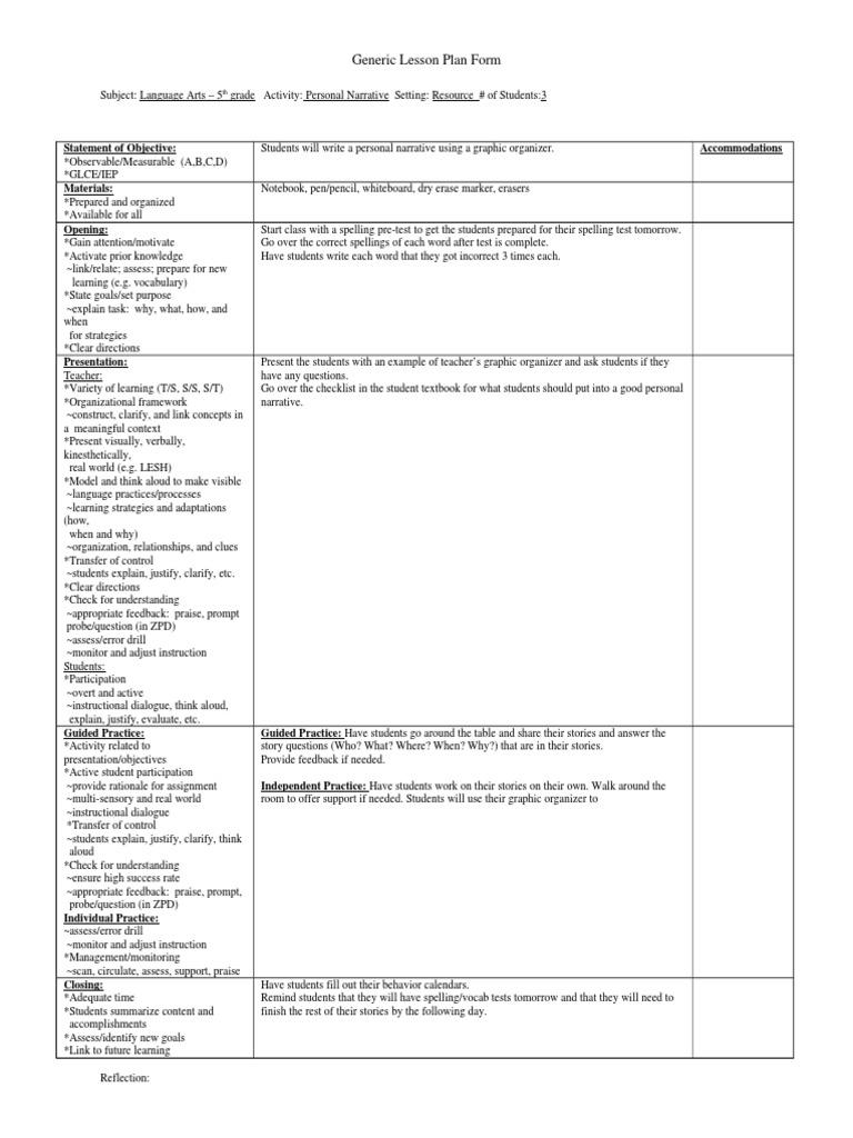 5th Grade Personal Narrative Lesson Plan | PDF | Lesson Plan ...