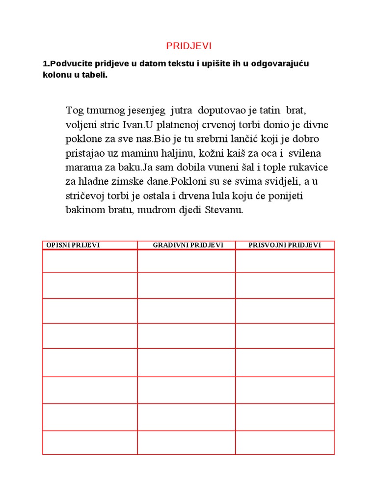 Nastavni Listic Pridjevi | PDF